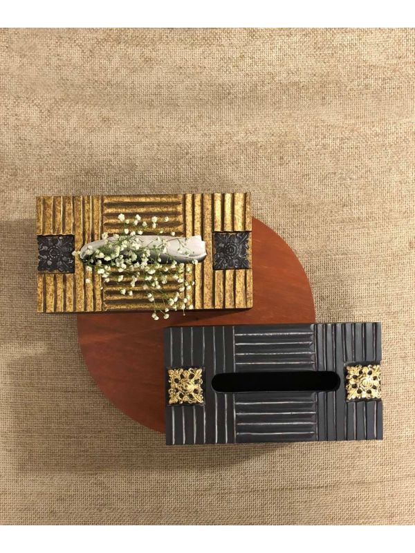 Black and gold tissue box | Buy wooden tissue box online | Kalpané